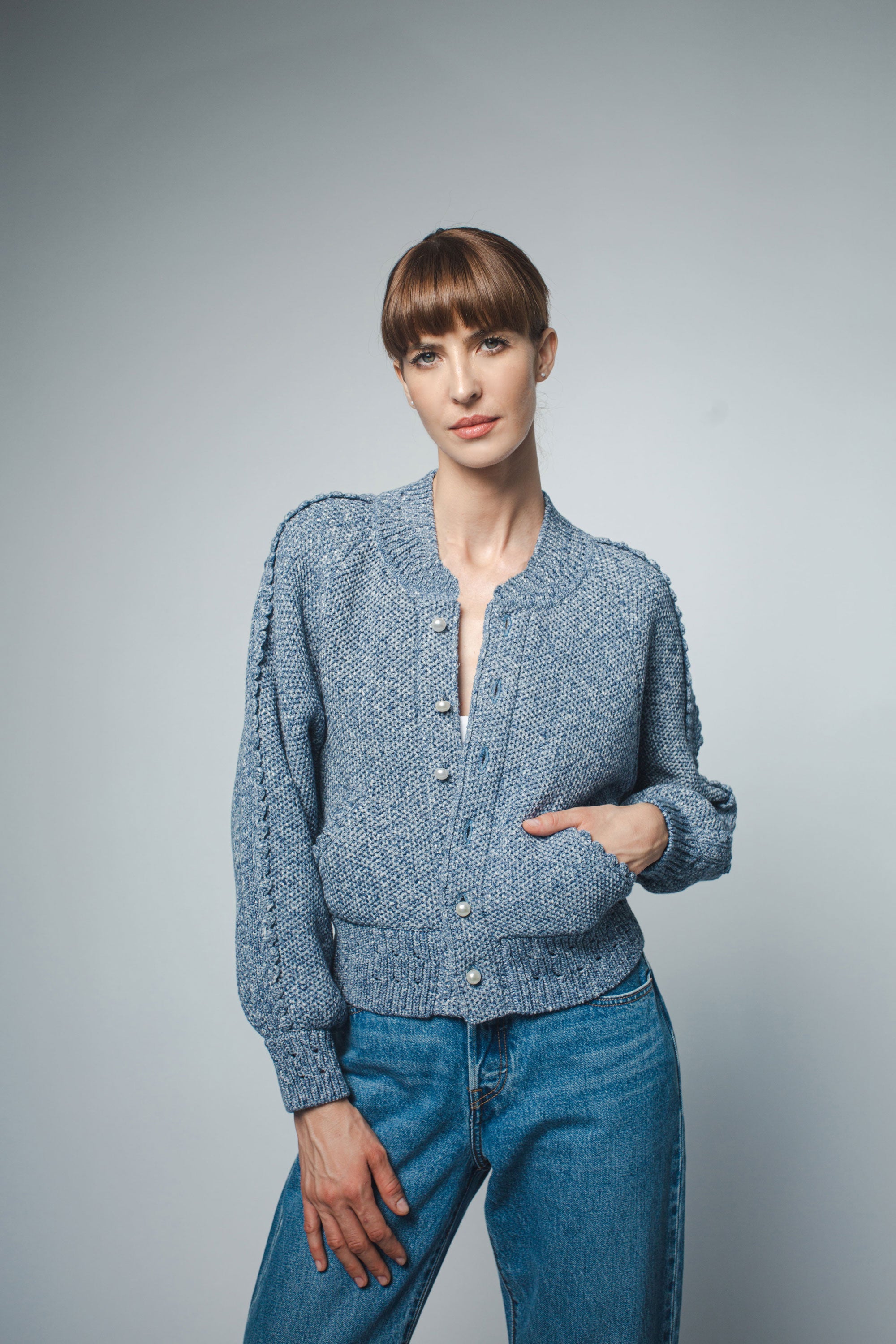 Santicler Collection -Crochet Stitch Bomber Jacket in Blue Denim